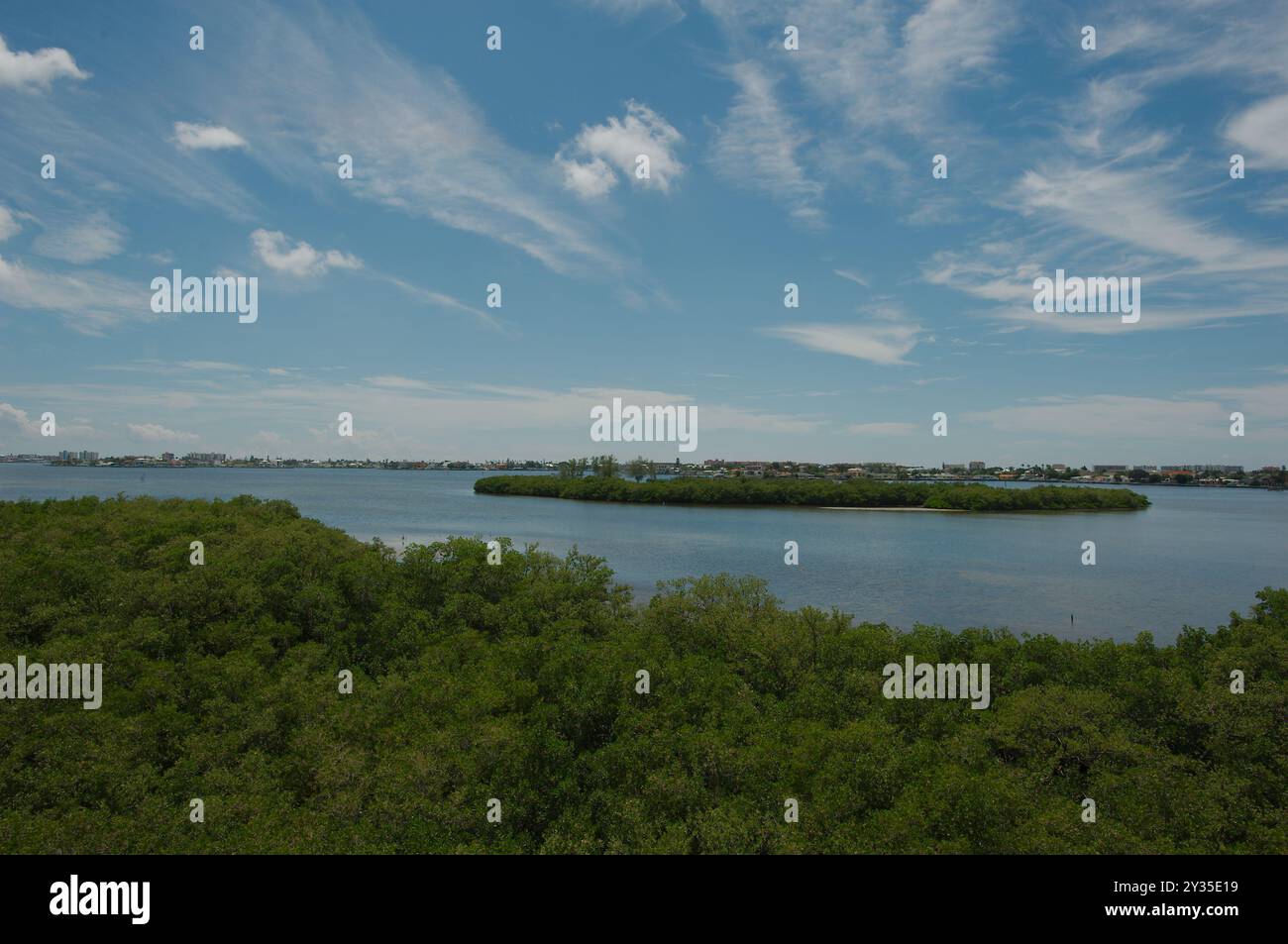 High Wide view from observation tower towards Boca Ciega Bay. Towards island with green trees ...