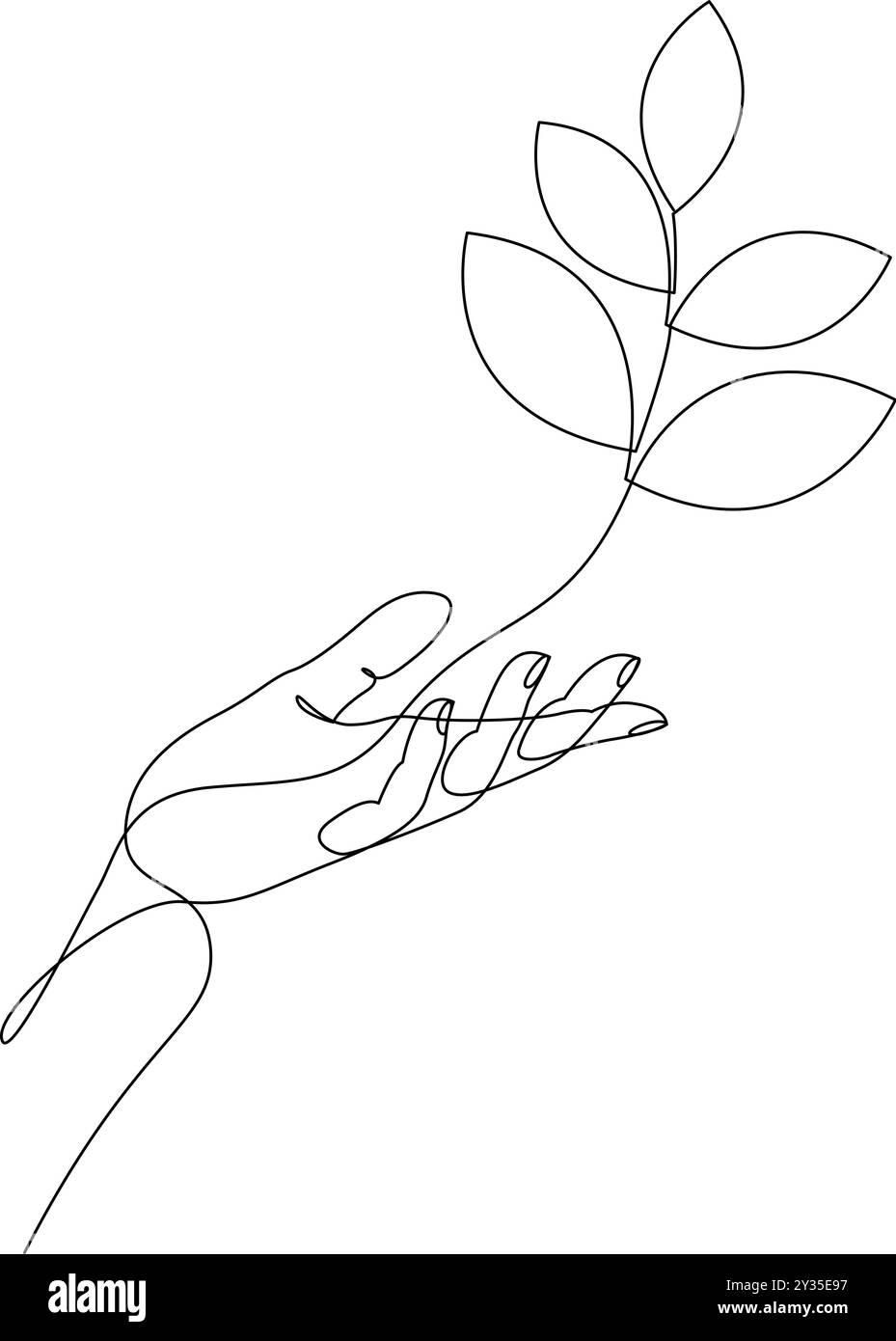 Continuous one line drawing of human hand holding small plant. Sprout on palm drawn with single ...