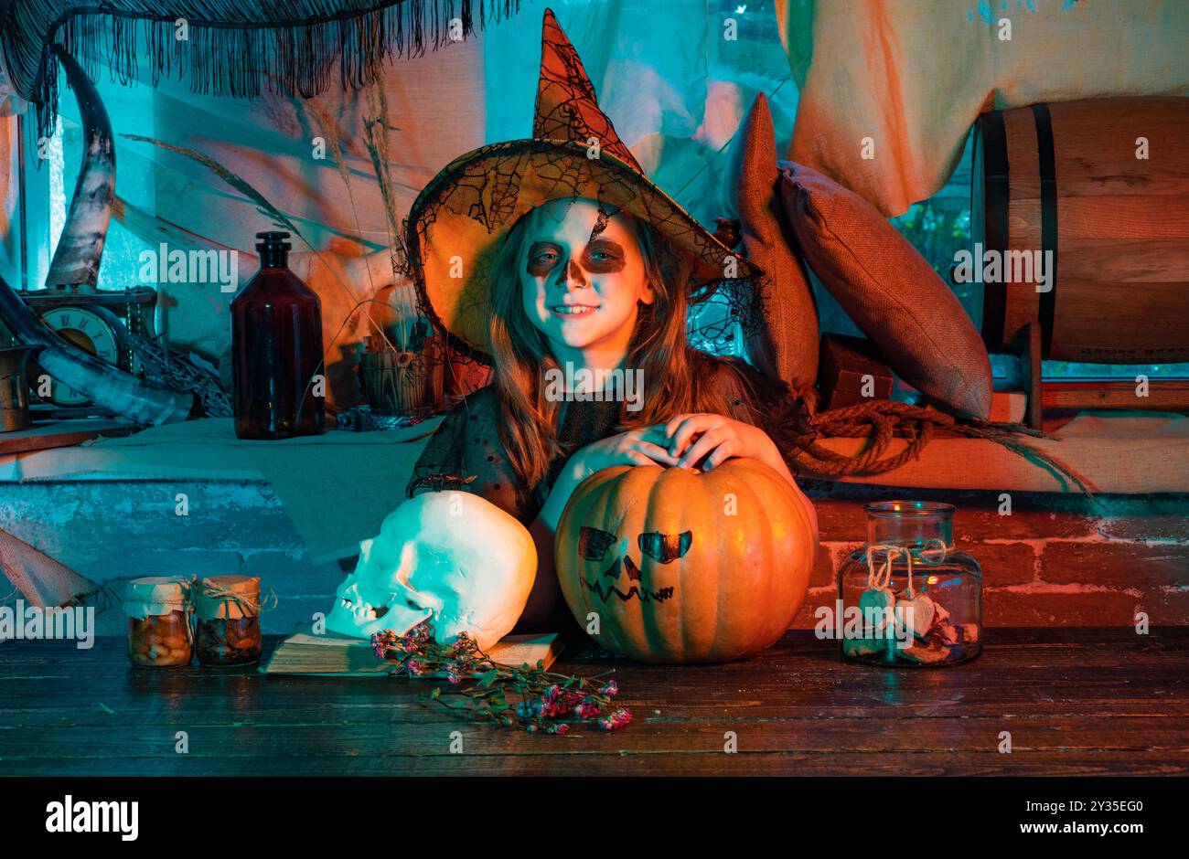 Portrait of girl child wearing Halloween costume on home Halloween ...
