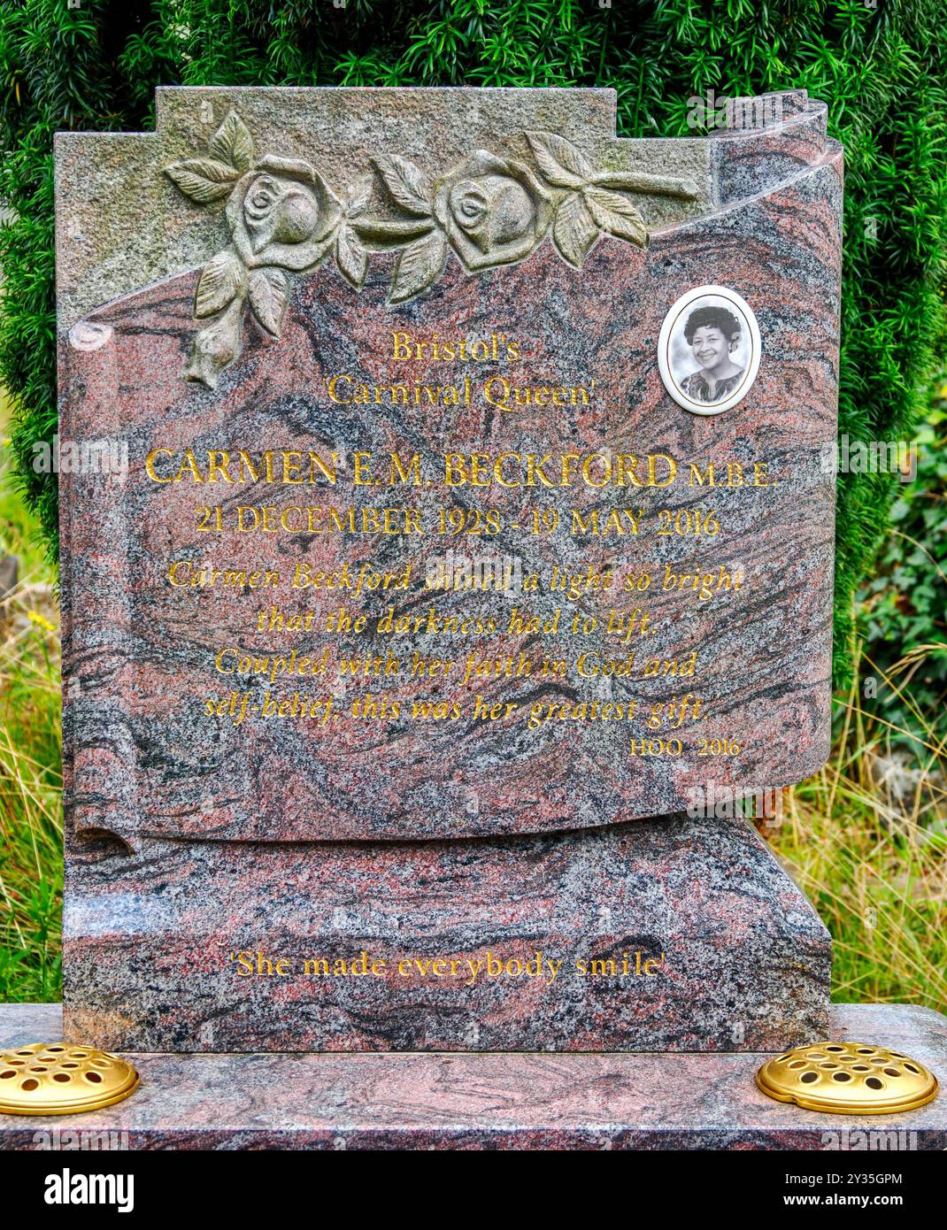 Marble headstone at the grave of Carmen Beckford MBE at Arnos Vale ...