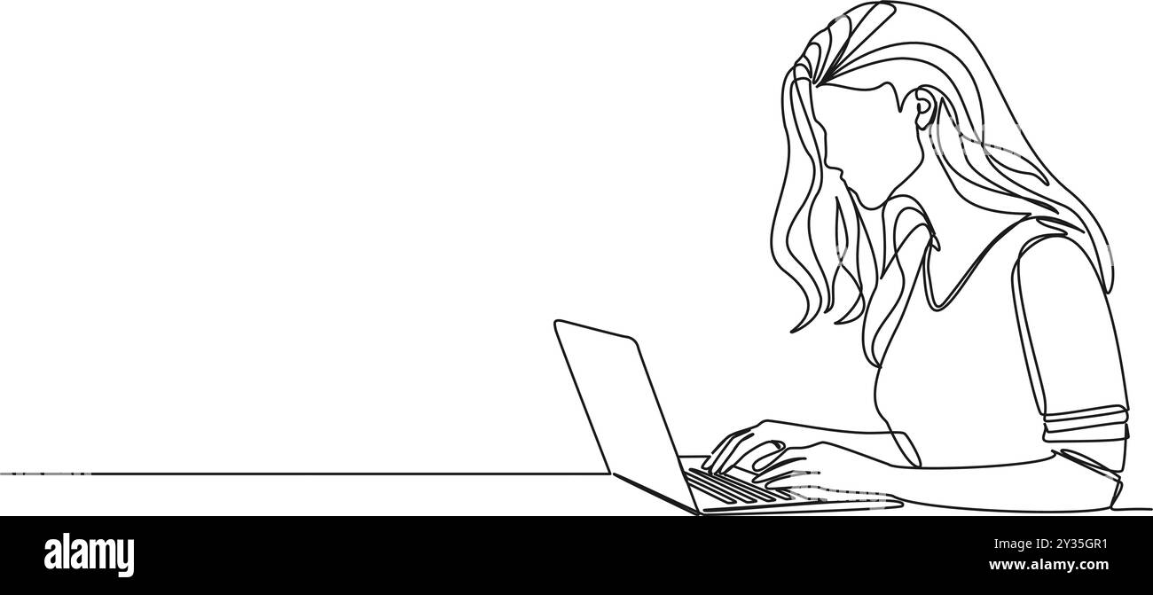 continuous single line drawing of young woman using laptop computer ...