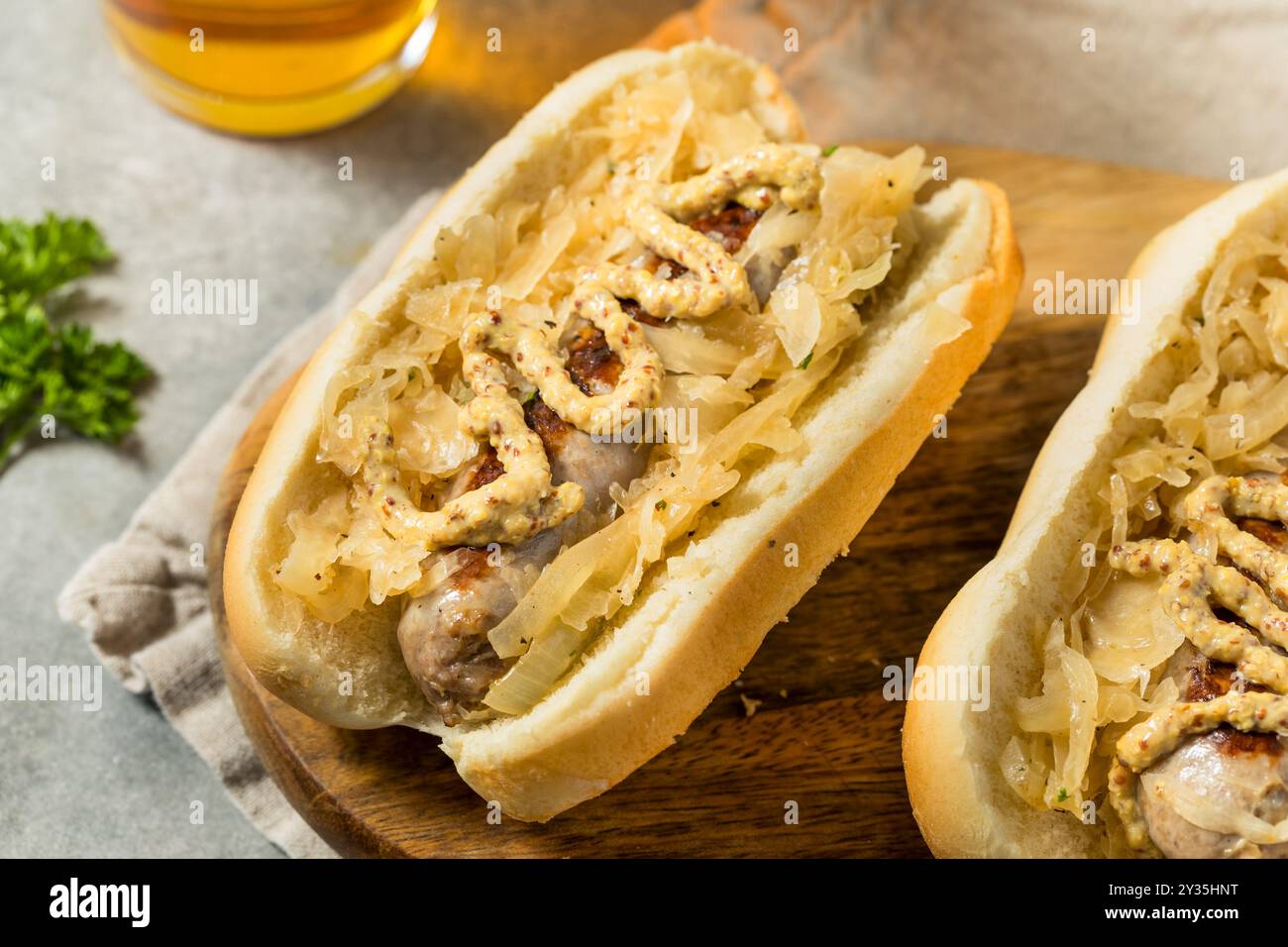 German Homemade Bratwurst Sandwiches with Sauerkraut and Beer for ...