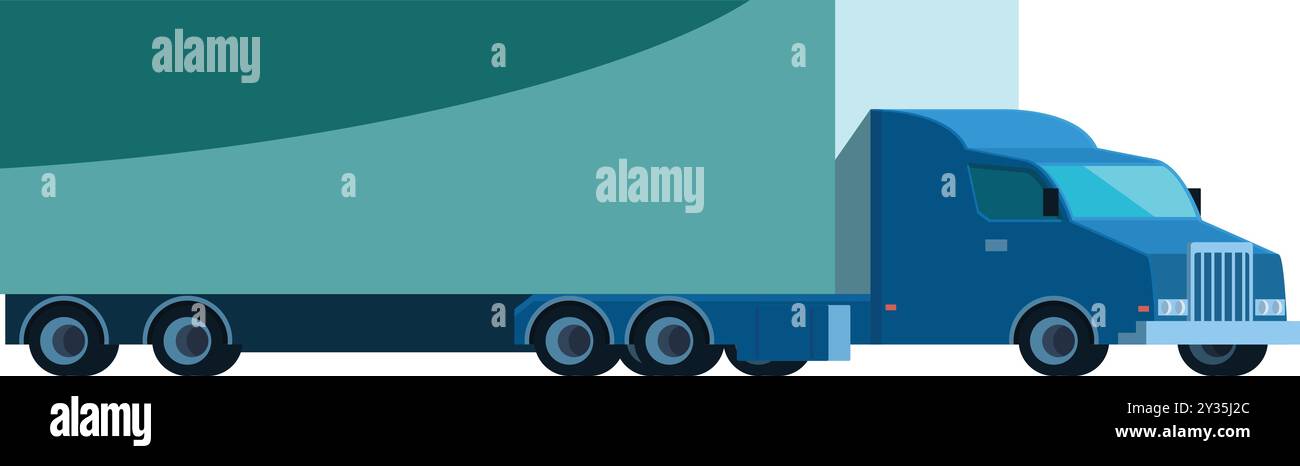 Blue semi trailer truck transporting cargo with a large container, side ...