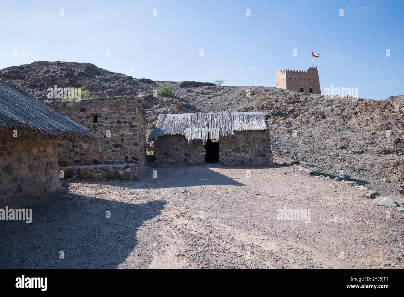 Traditional houses at Al Hayl Fortress, built in 1930, on a mountain in ...