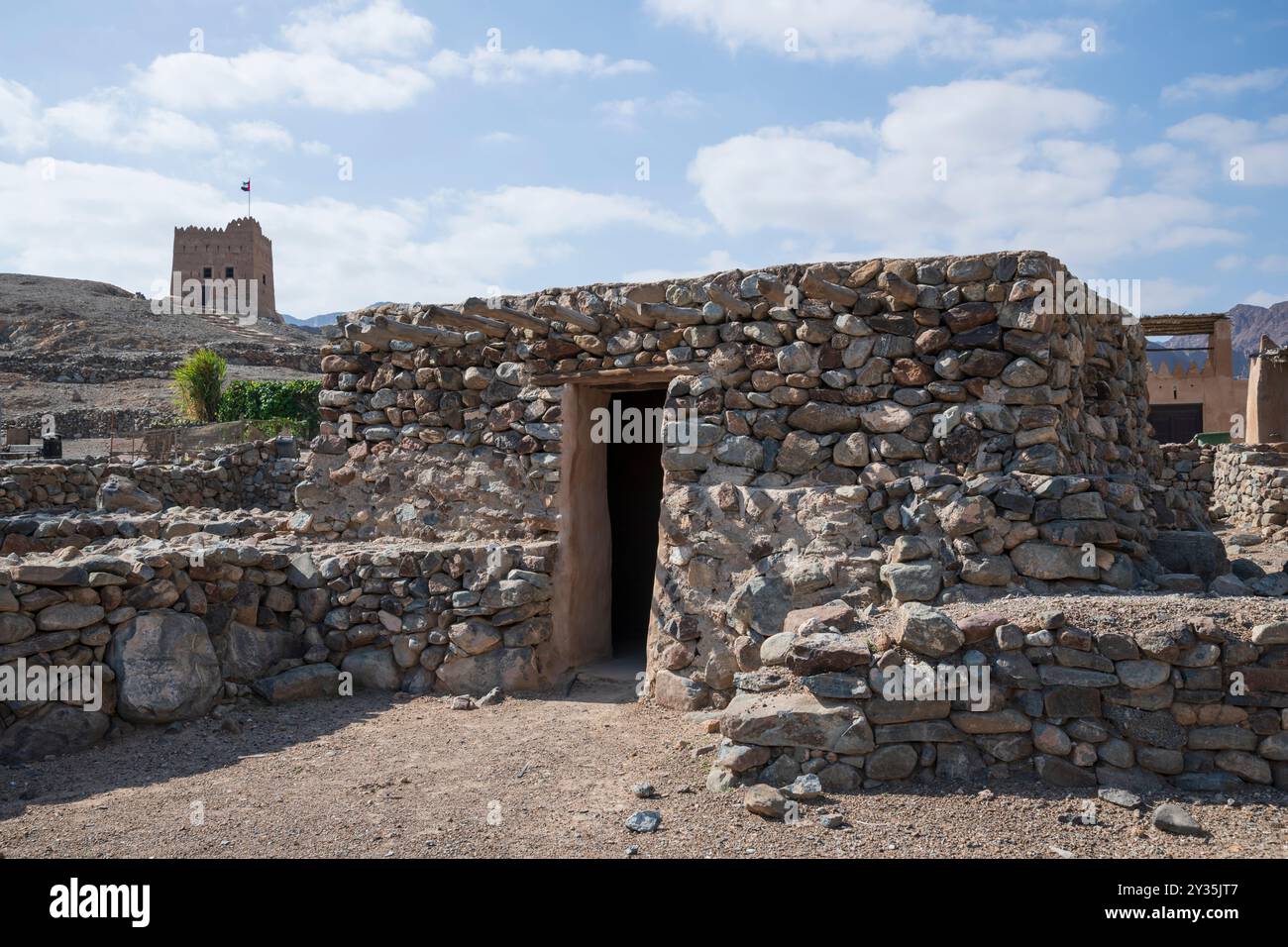 Traditional houses at Al Hayl Fortress, built in 1930, on a mountain in ...