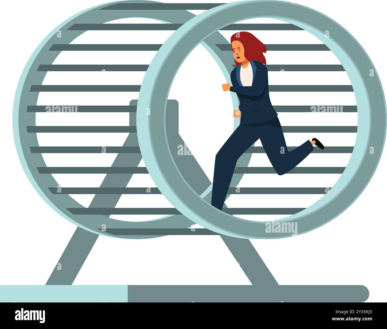 Businesswoman is running in a hamster wheel, symbolizing the repetitive ...