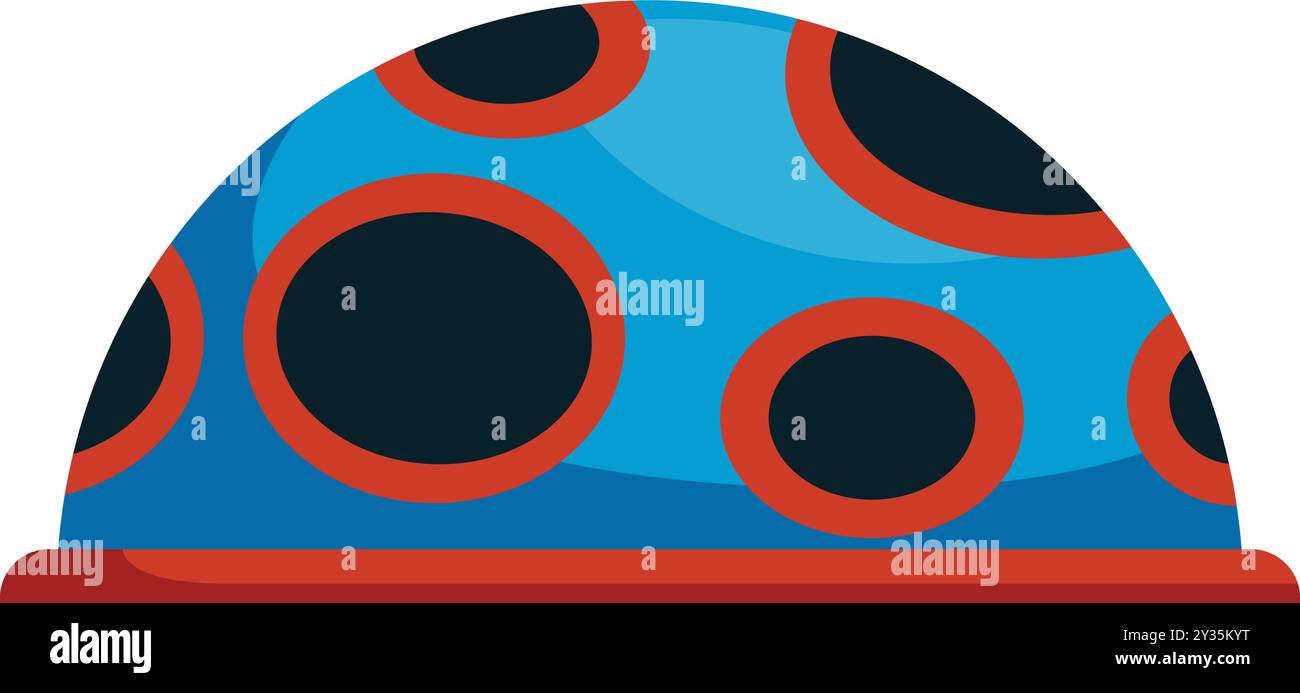 Blue and orange spaceship with round windows is landing on the ground ...