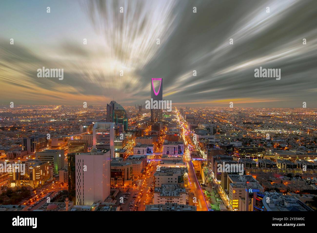 Riyadh city skyline drone shoot .Drone shot King Fahd Road in Riyadh ...