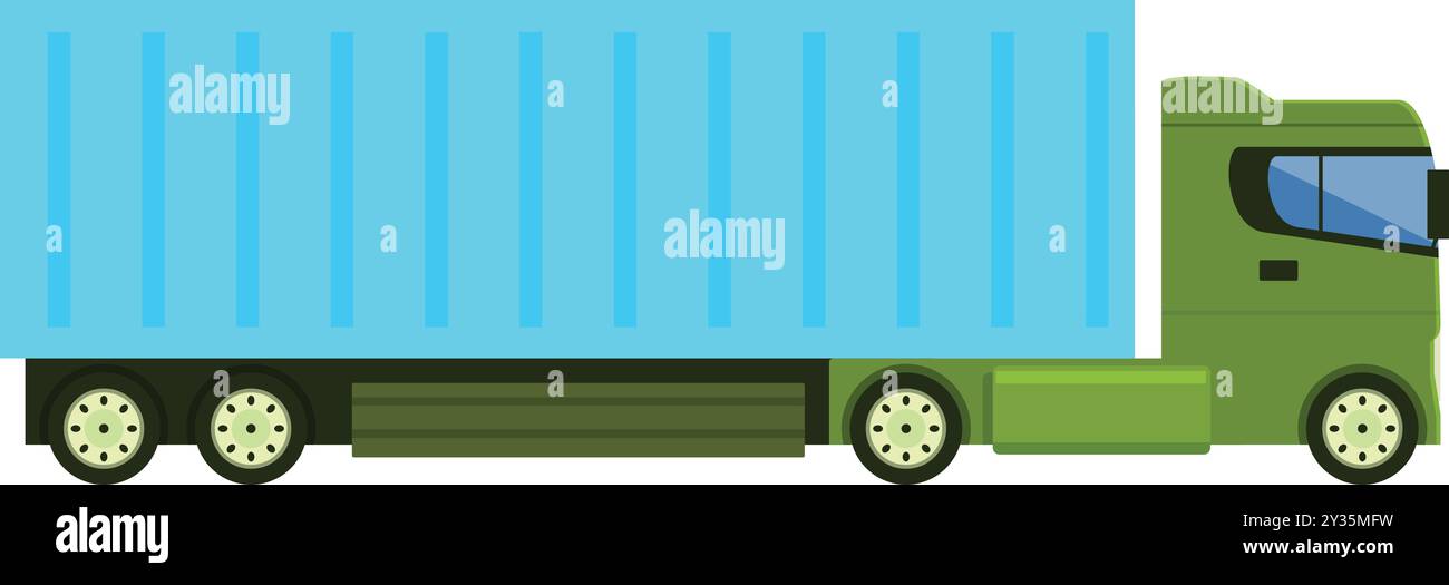 Green delivery truck transporting goods in a blue container, isolated ...