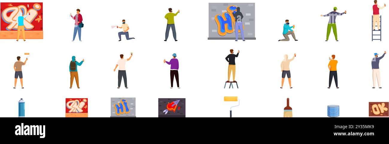 Graffiti painter icons set. Street artists making graffiti on building ...