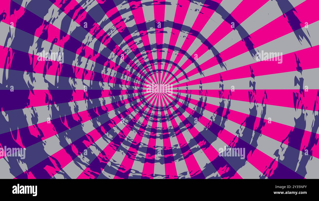 A vibrant, hypnotic tunnel with alternating pink, purple, and gray checkered patterns radiating ...