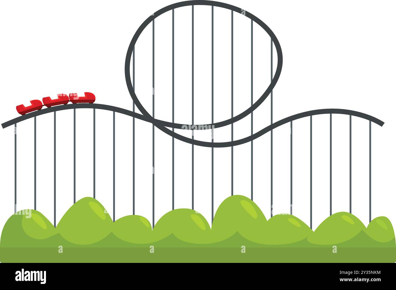 Red roller coaster train is climbing up a hill to go through a loop on ...
