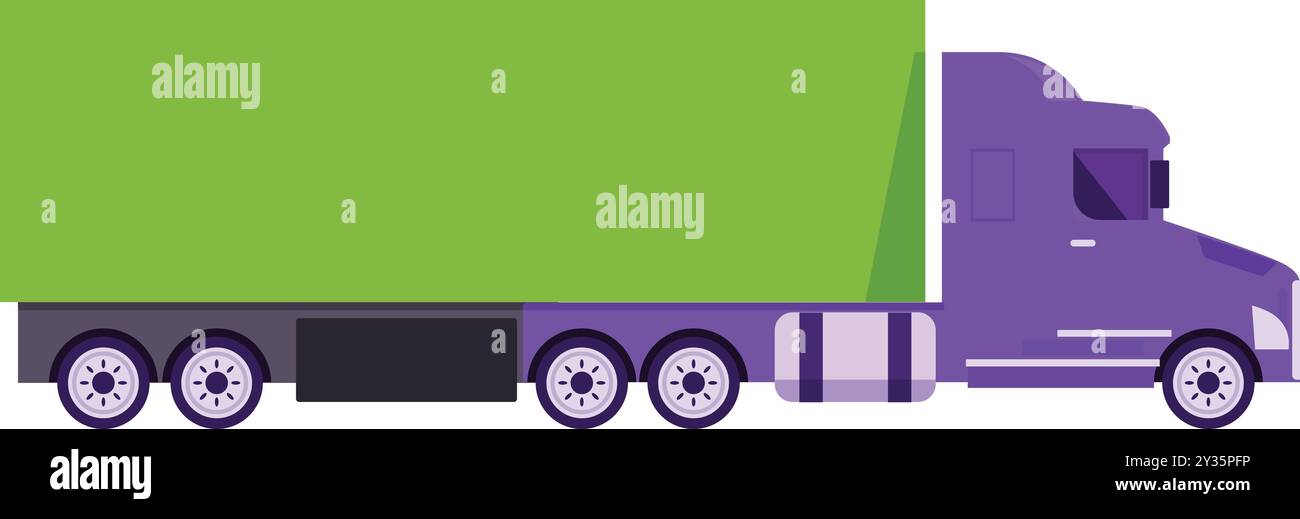 Large purple and green semi truck is driving to the right and ...