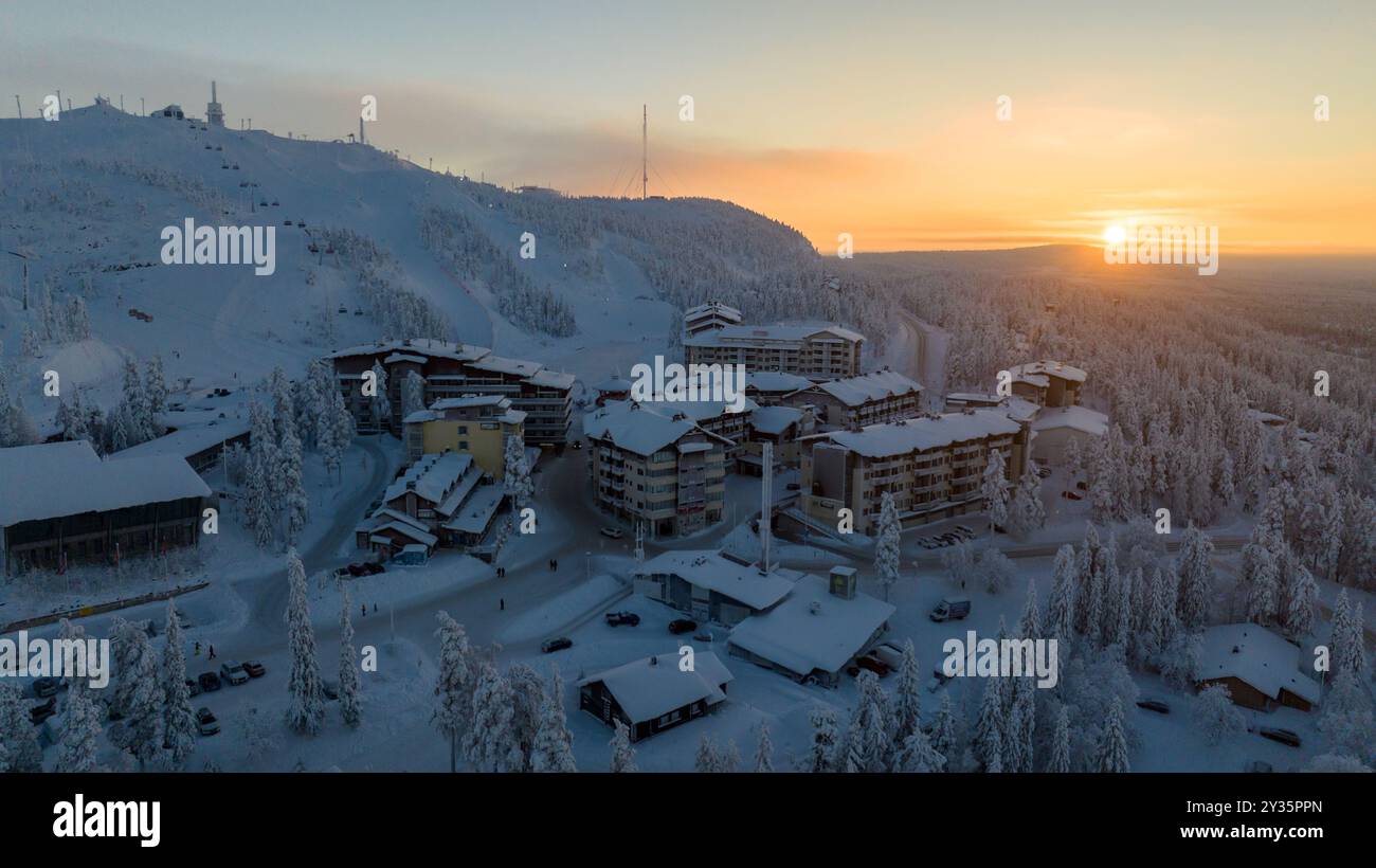 Aerial view of the Ruka village, winter evening in Finland Stock Photo ...