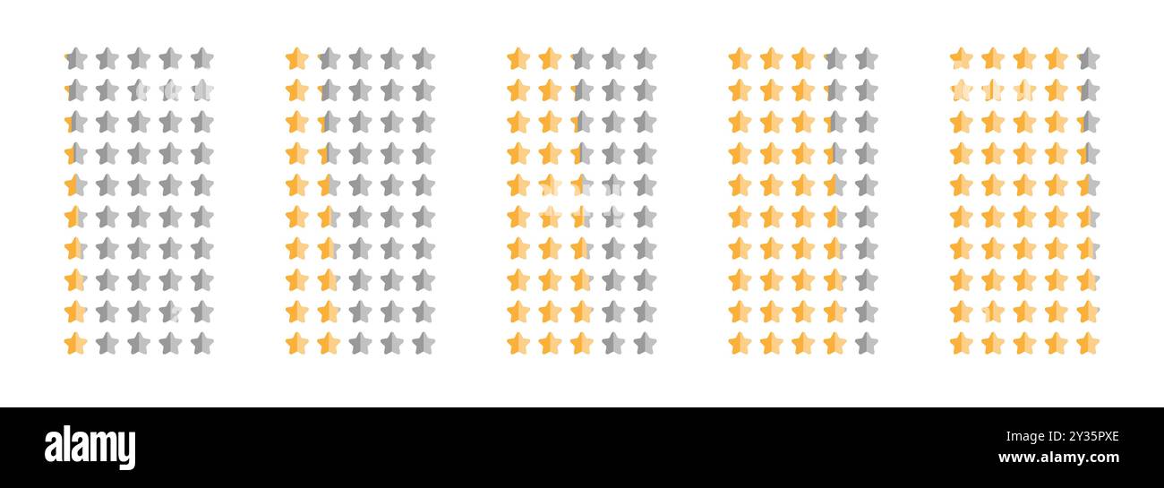 A vector illustration displays a star rating scale featuring five ...