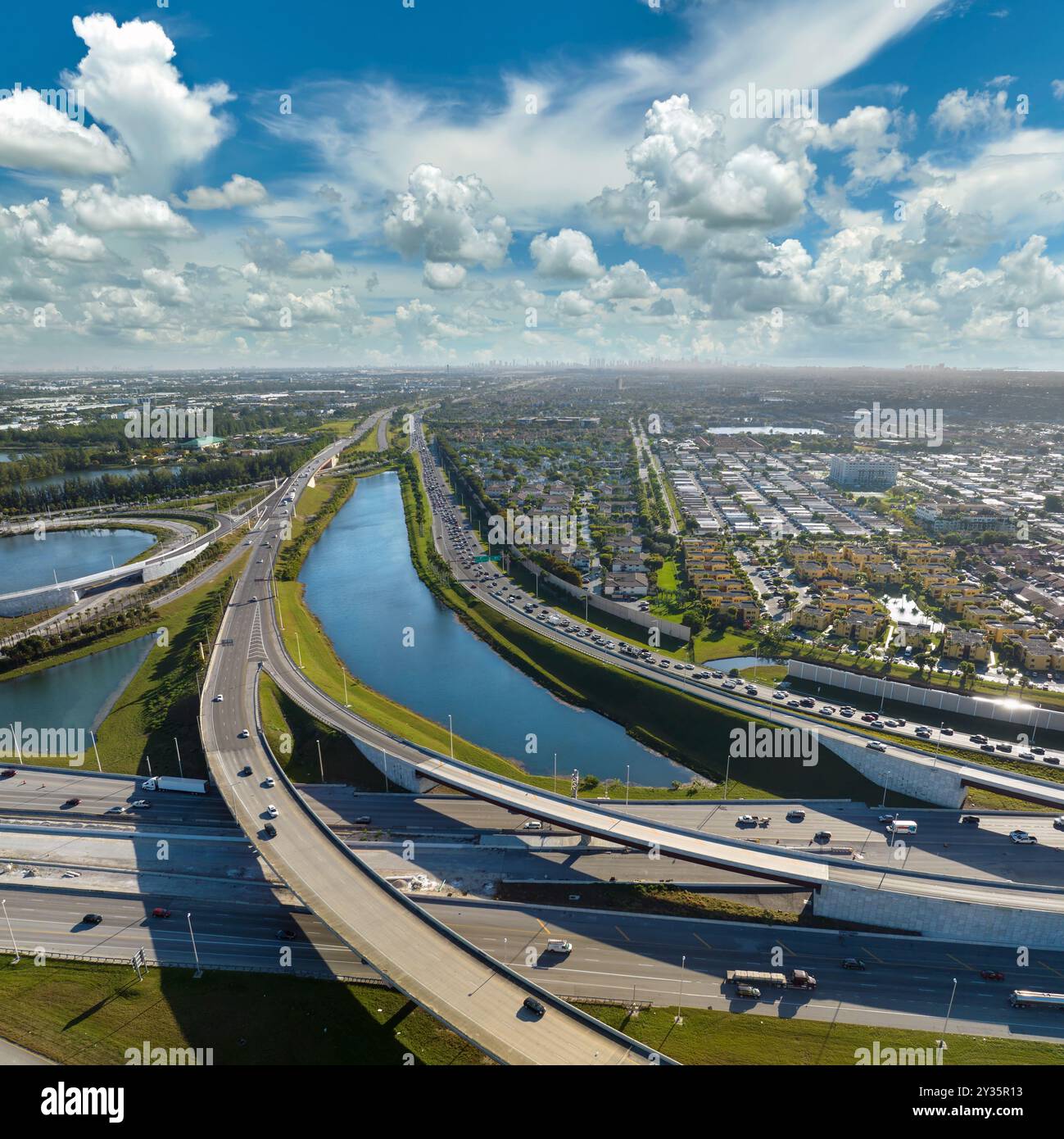 Above view of wide highway crossroads in Miami, Florida with fast ...