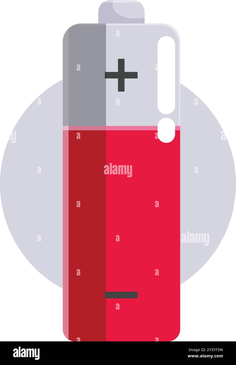 Red battery with half charge remaining is standing in front of a grey ...