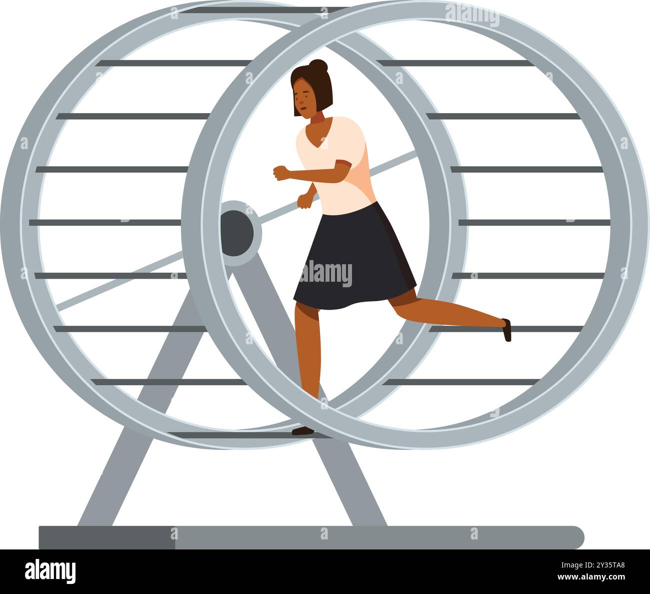 Businesswoman stuck in a rut, endlessly running in a hamster wheel ...