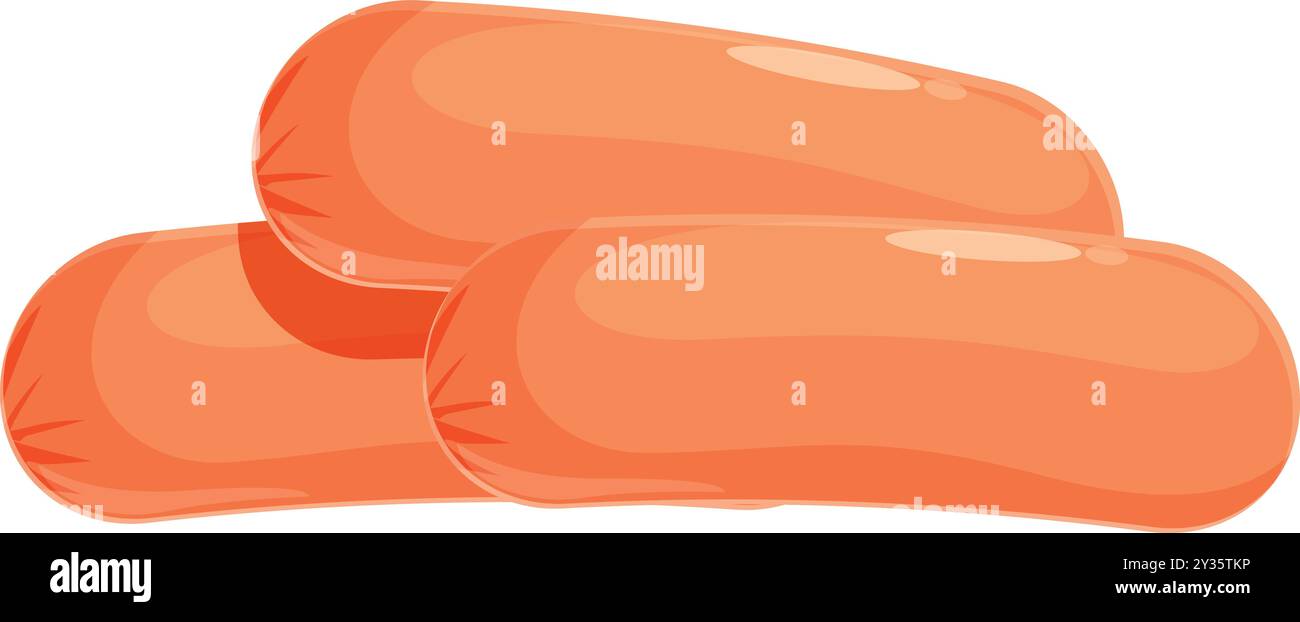Three sausages laying horizontally stacked together forming a ...