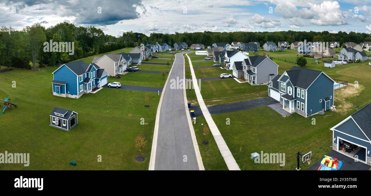 Aerial view of private residential houses in rural suburban sprawl area ...