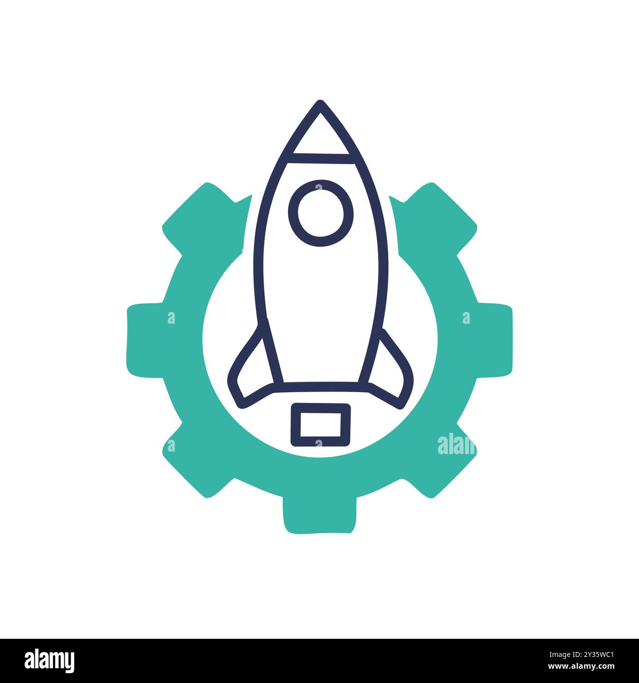 Rocket launch gear. Rocket taking off within a gear, symbolizing ...