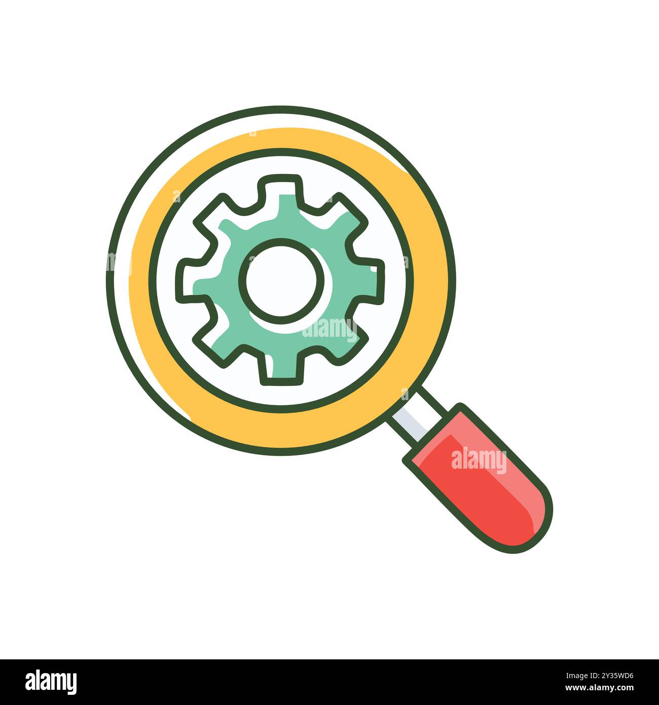 Magnifying glass gear. Magnifying glass with a gear inside. Represents ...