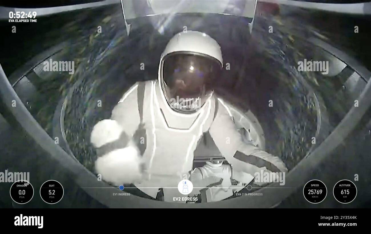 Sep 12, 2024, In Space: SARAH GILLIS during first commercial spacewalk in this image released by ...