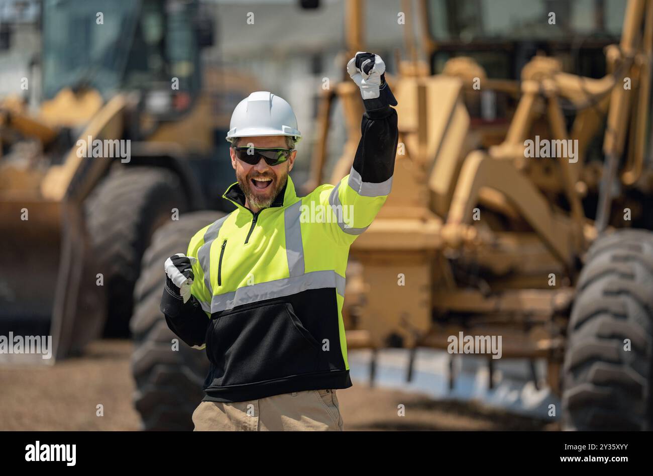 Excavator loader tractor and buider worker. Construction builder in ...