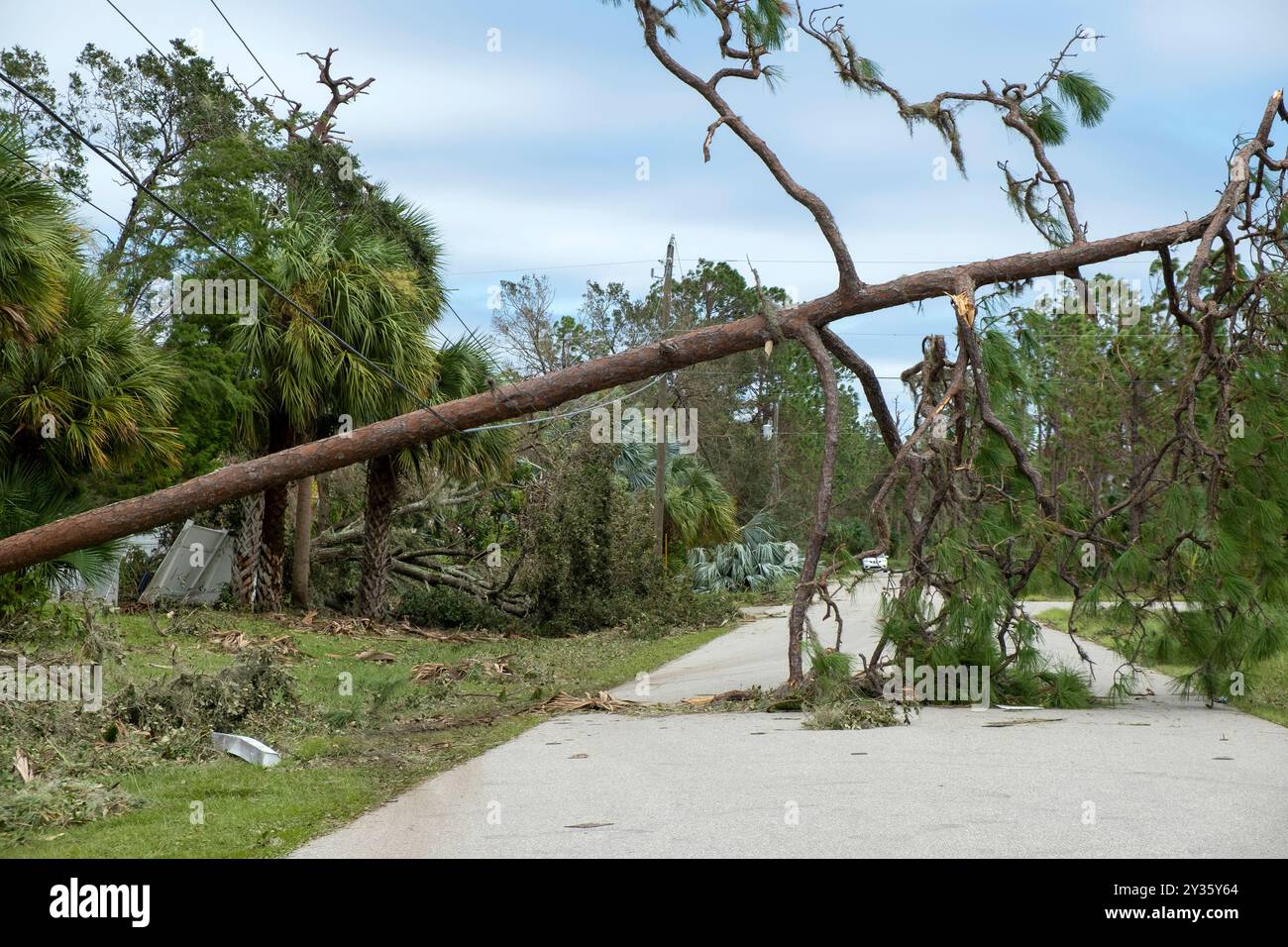 Electricity outage as consequences of natural disaster. Damaged power ...