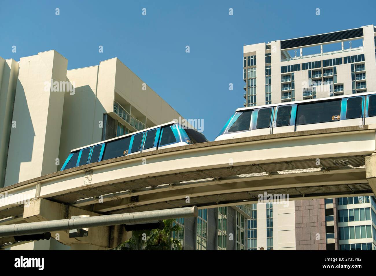Elevated train for public transportation in Miami city downtown ...