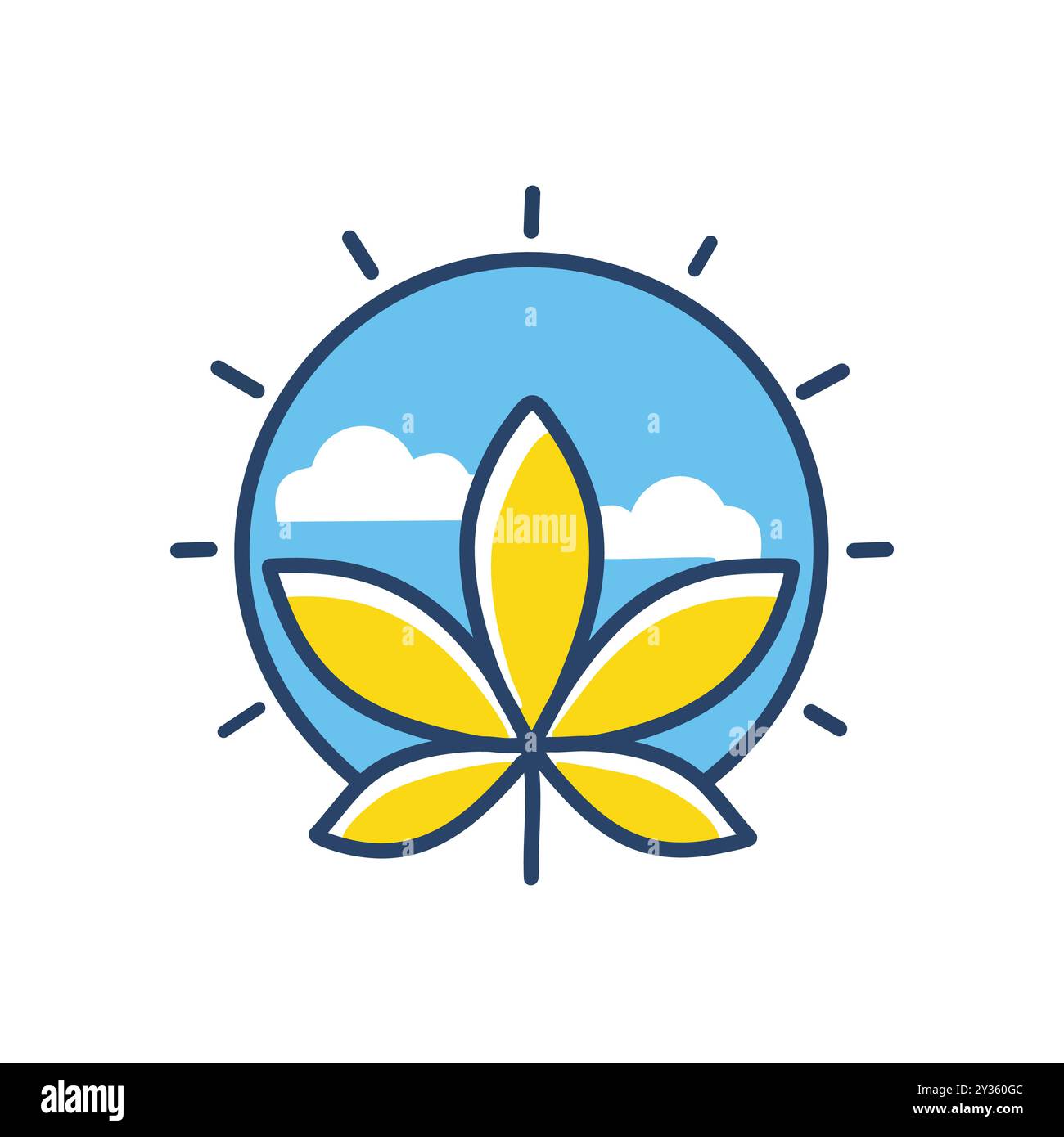 Leaf sun sky. Yellow leaf against a blue sky with sun and clouds ...