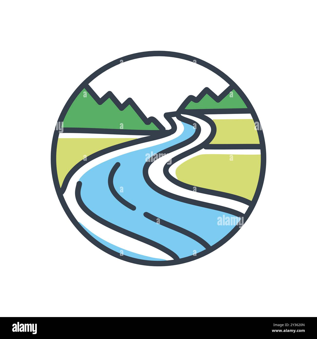 River landscape icon. Illustration of a winding river flowing through a ... River landscape icon. Illustration of a winding river flowing through a ...