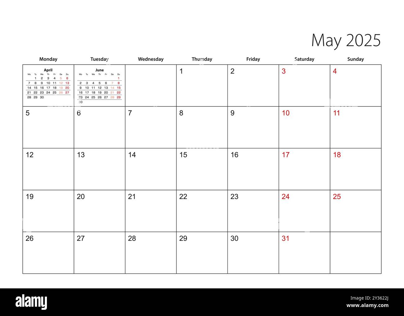 May 2025 simple calendar planner, week starts from Monday. Vector ...