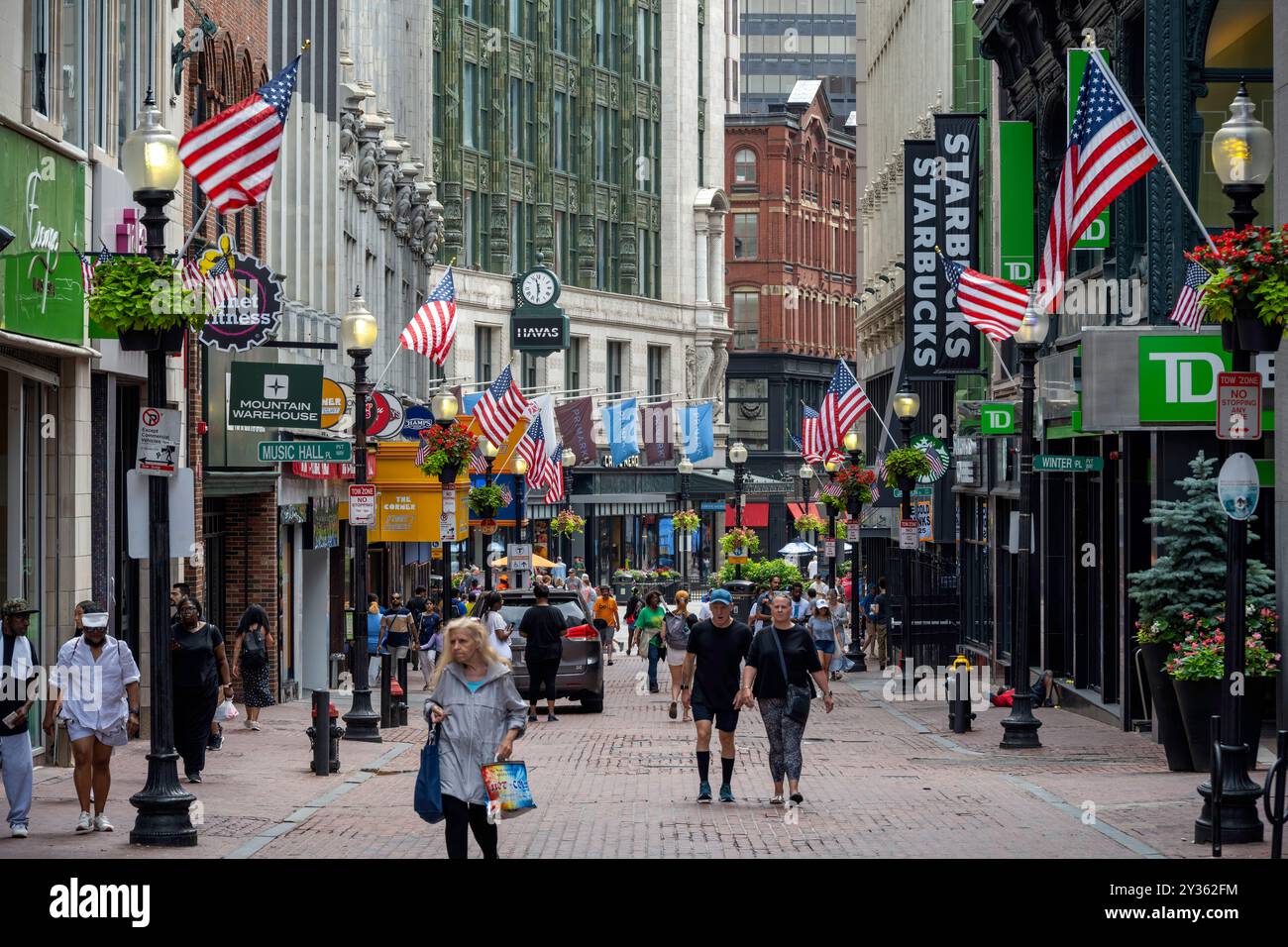 A view down Summer Street downtown Crossing area with its retail stores ...
