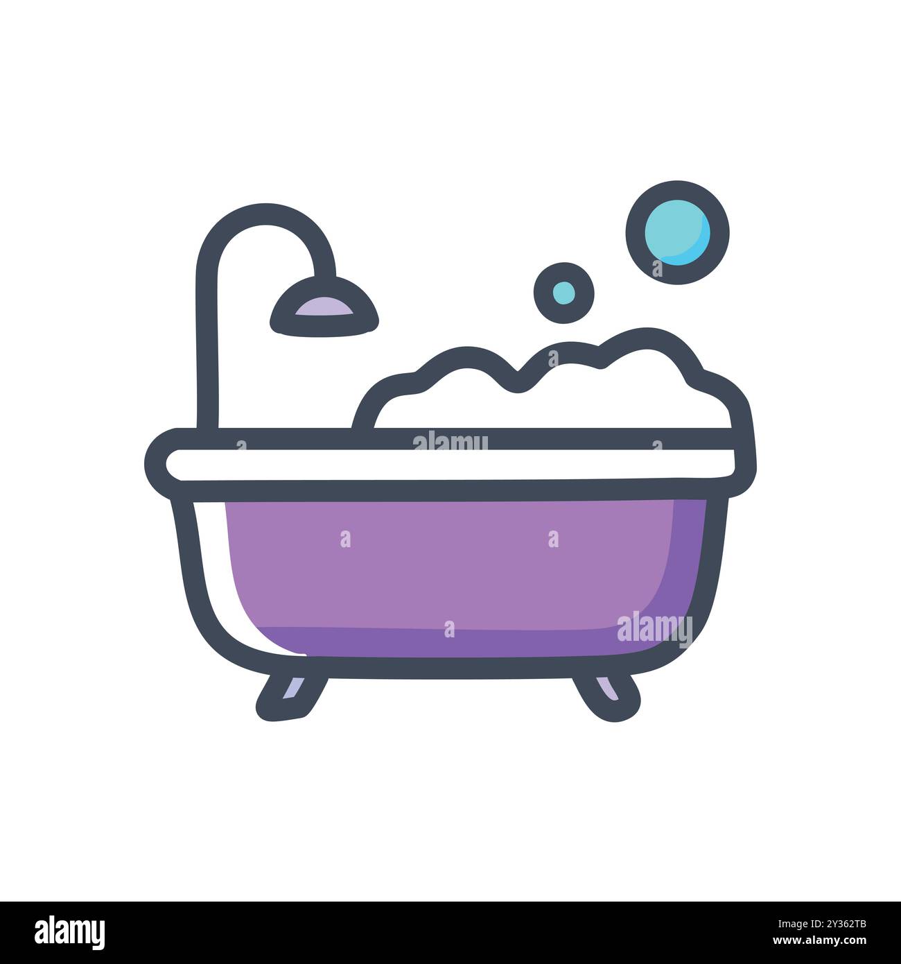 Bath time icon. Purple bathtub with shower head and bubbles. Relaxing ...