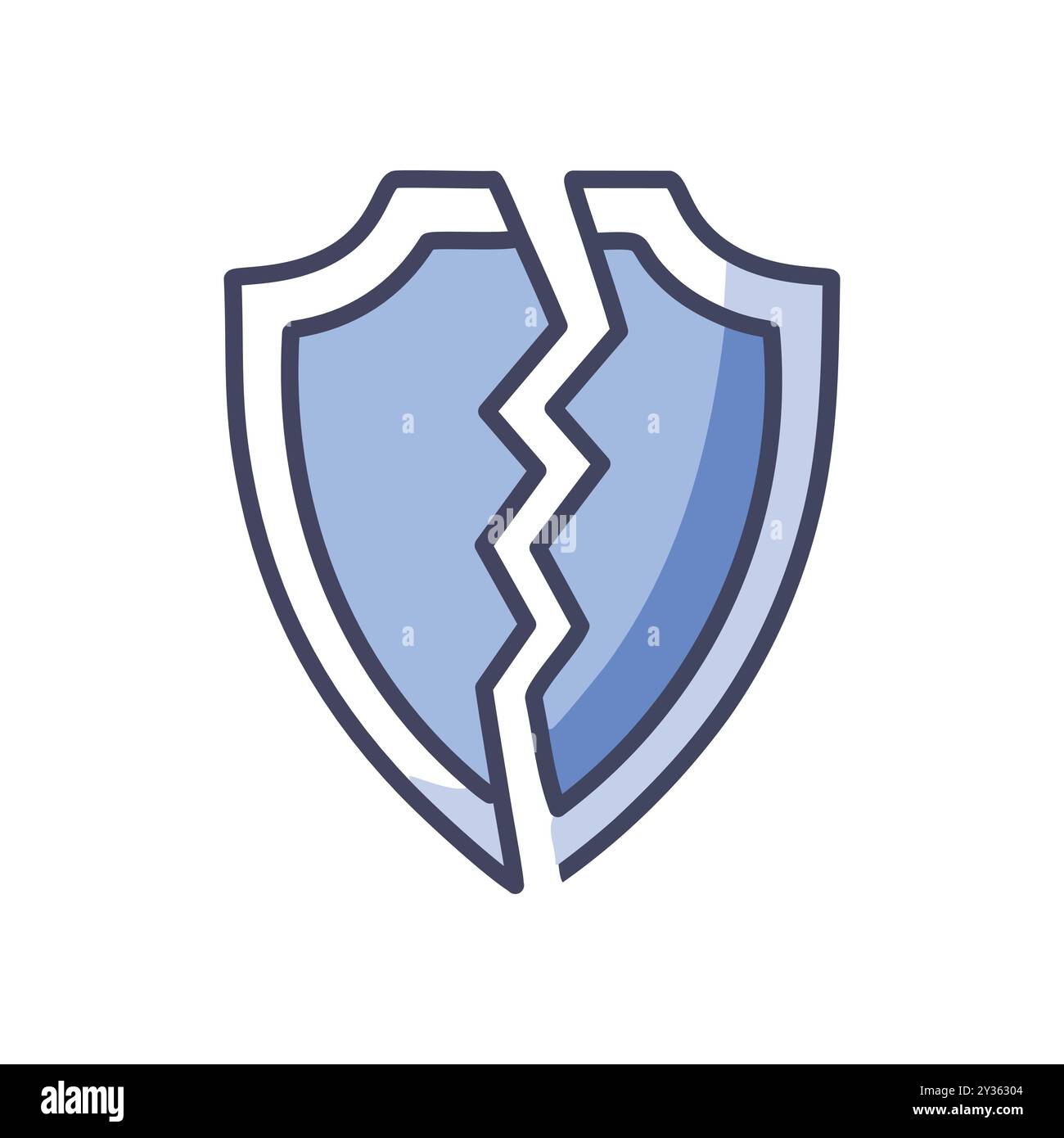 Broken shield icon. A cracked shield, symbolizing vulnerability and weakness, represents a lack ...