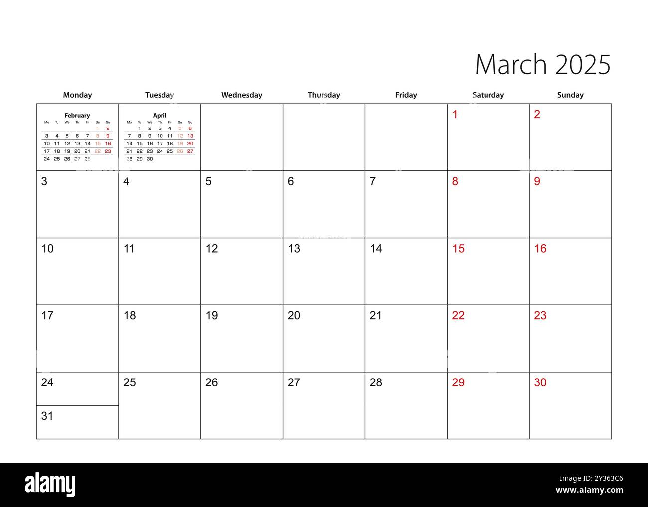 March 2025 simple calendar planner, week starts from Monday. Vector ...