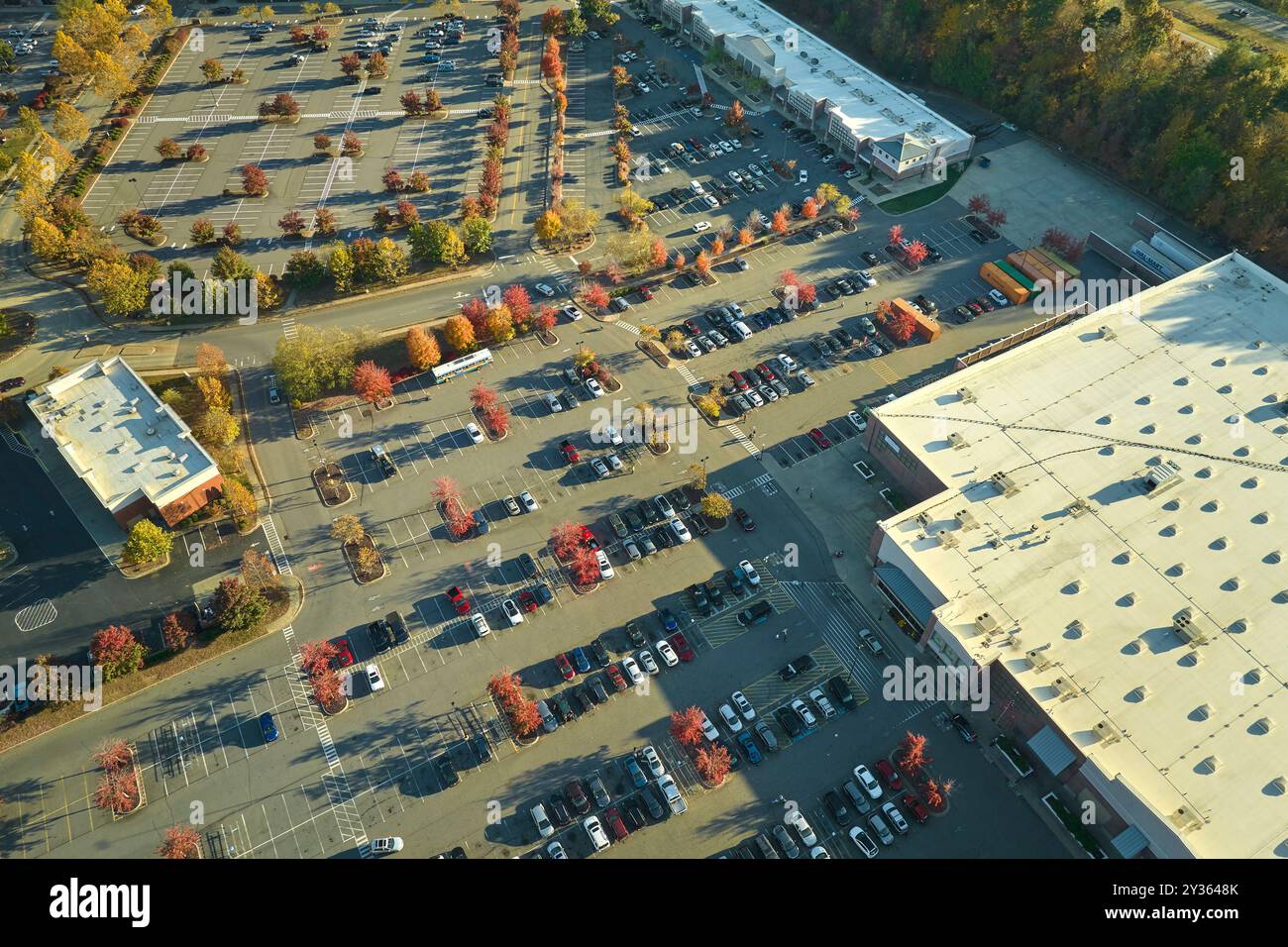 View from above of american grocery store with many parked cars on ...