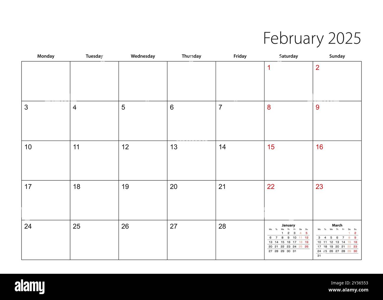 February 2025 simple calendar planner, week starts from Monday. Vector ...