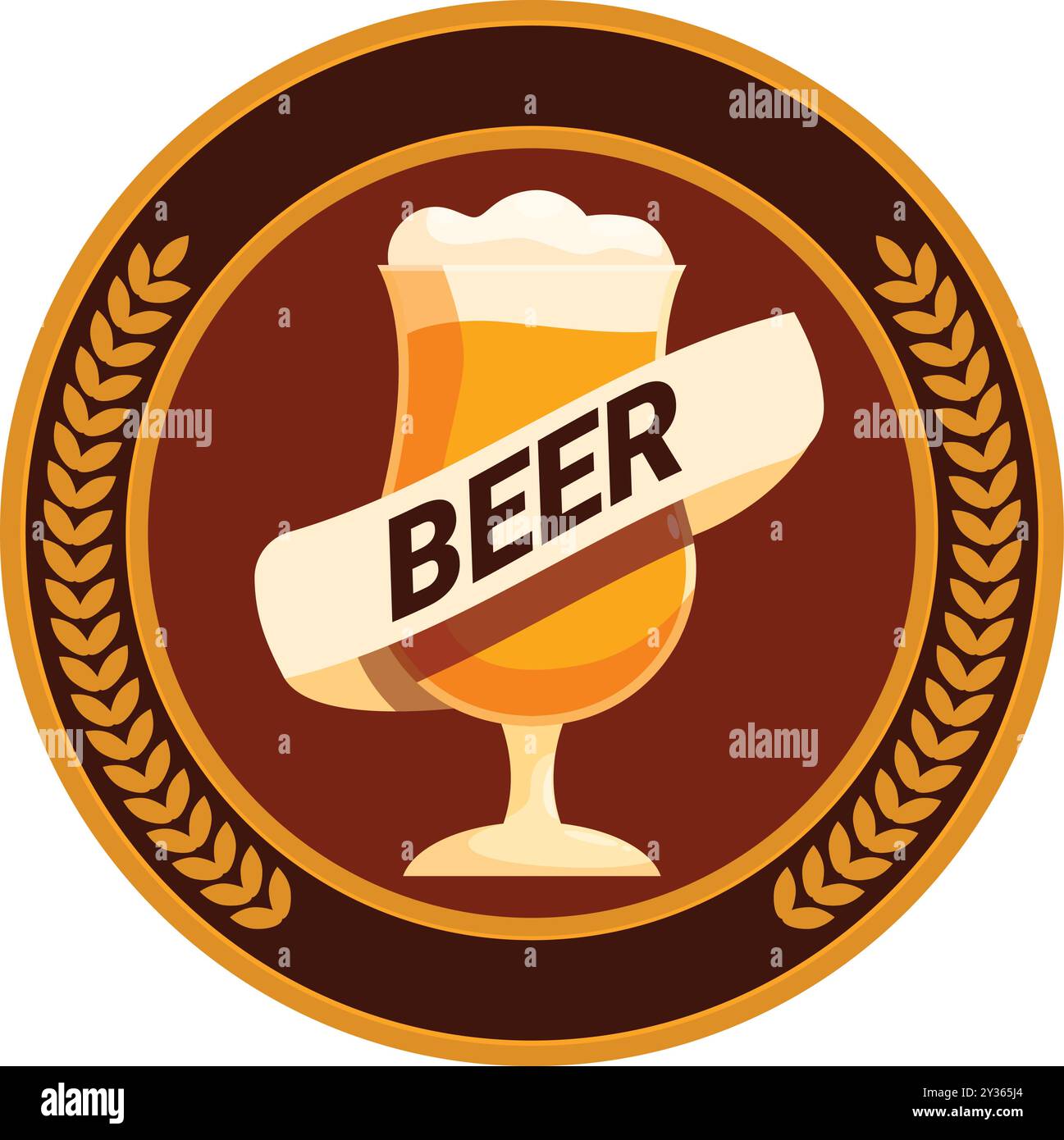 Round beer label with a ribbon and wheat banner featuring a glass with ...