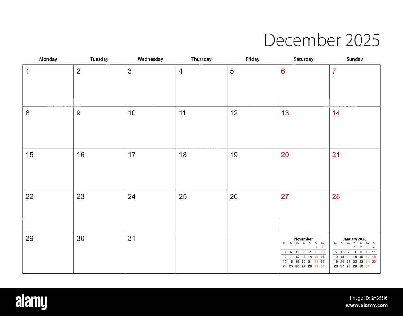 December 2025 simple calendar planner, week starts from Monday. Vector ...
