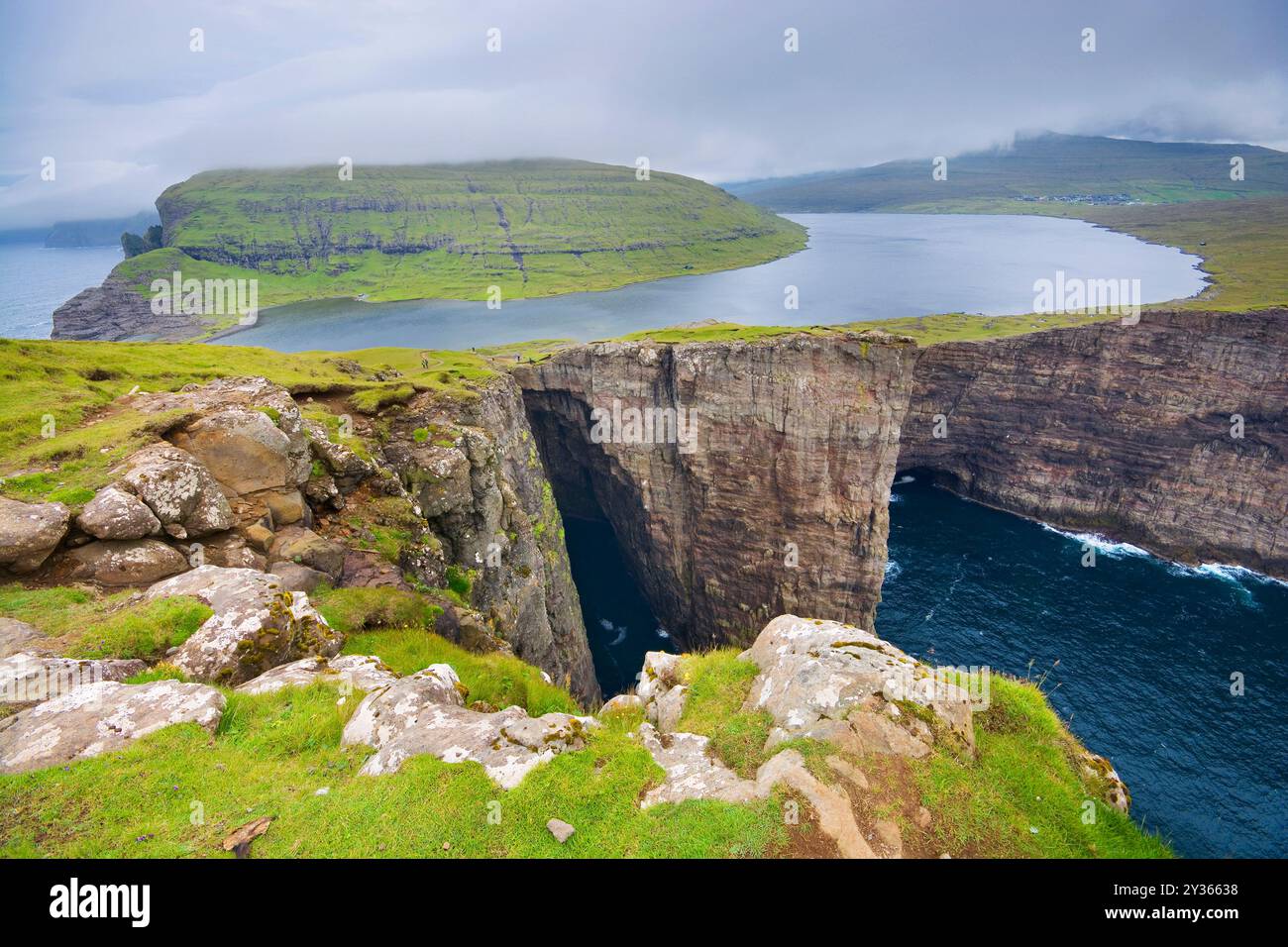 View of "floating lake" Leitisvatn and the Slave Cliff from vantage ...