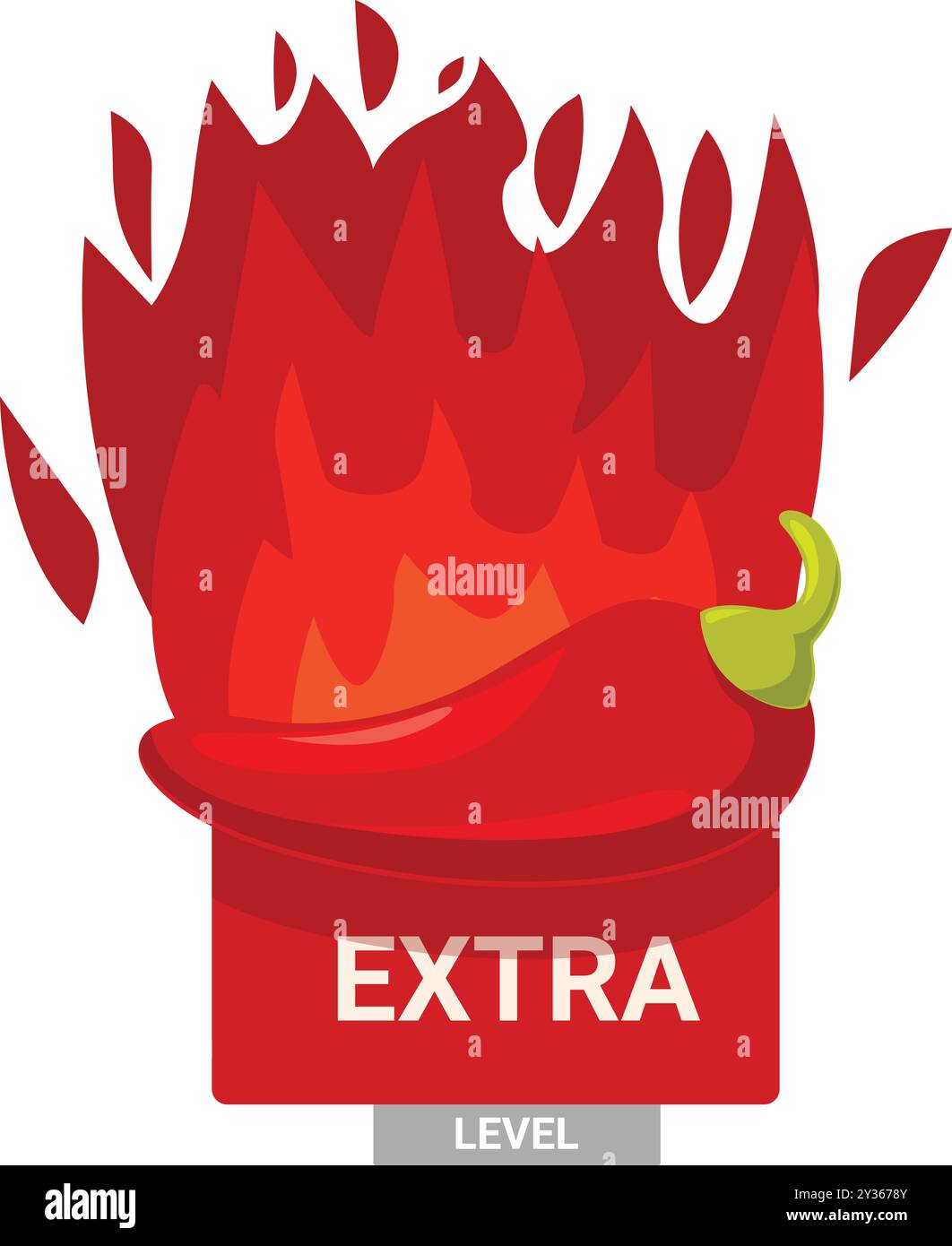 Cartoon red hot chili pepper burning in fire indicating extra level of ...