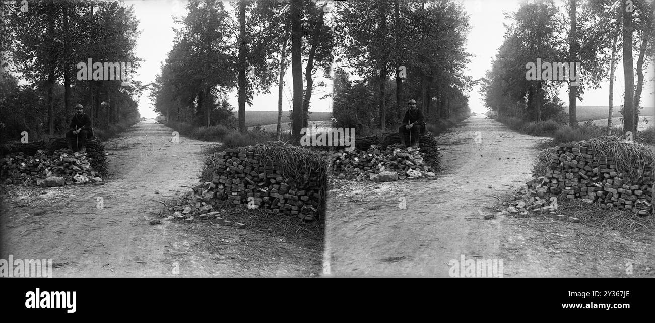 World War 1 French soldier manning a post on a road somewhere in France ...