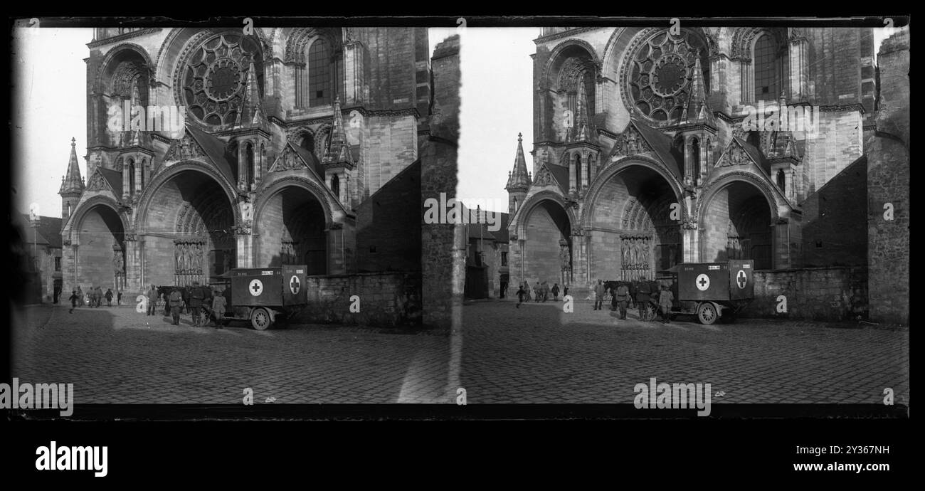 World War 1 ambulance parked in front of the Cathedral in Laon, France ...