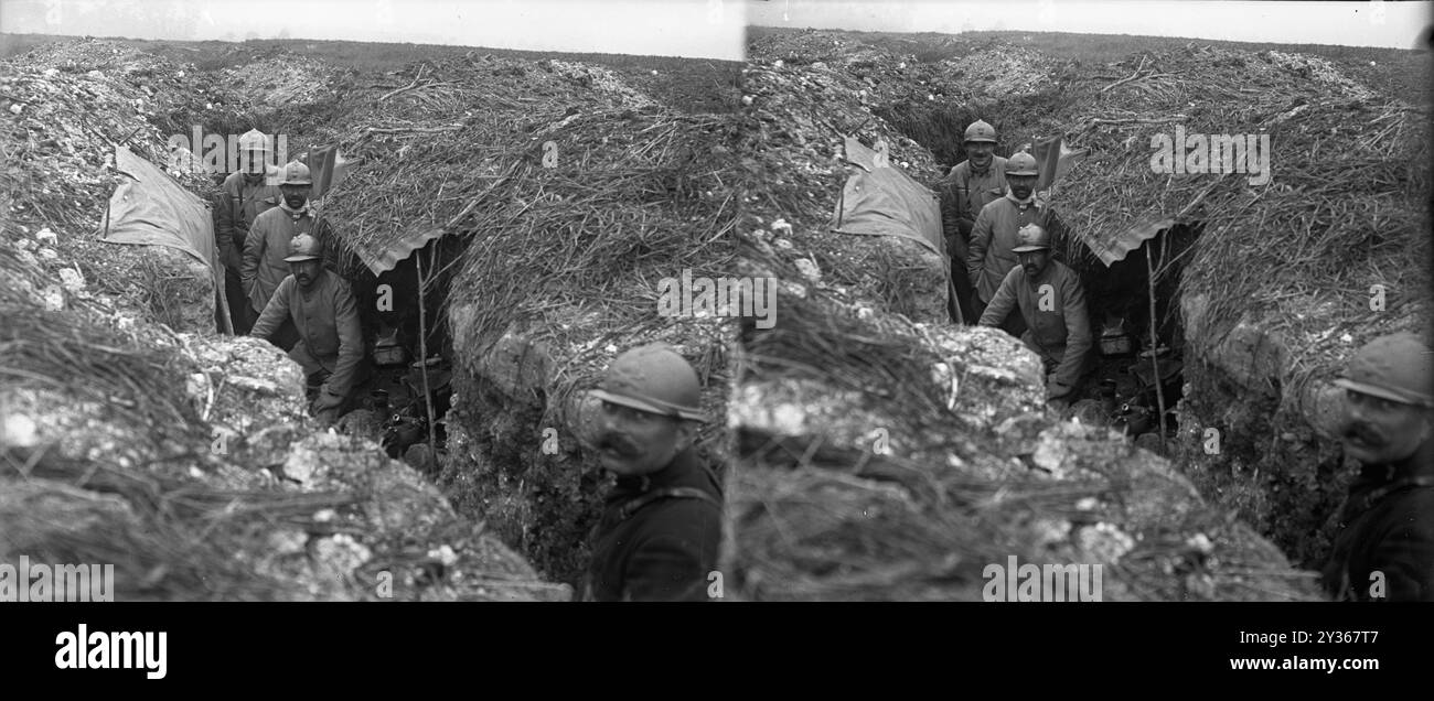 World War 1 French soldiers stand in a trench near the front somewhere ...