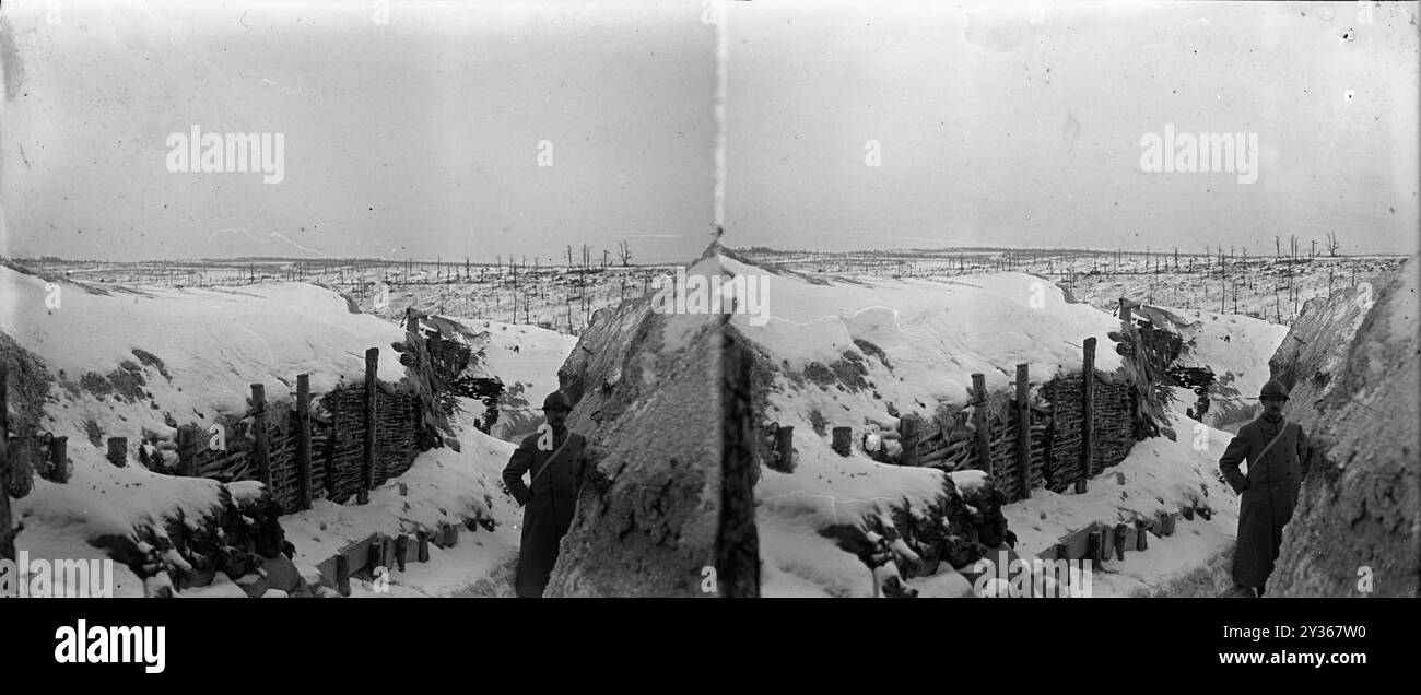 World War 1 a French soldier stands in a trench near the front ...