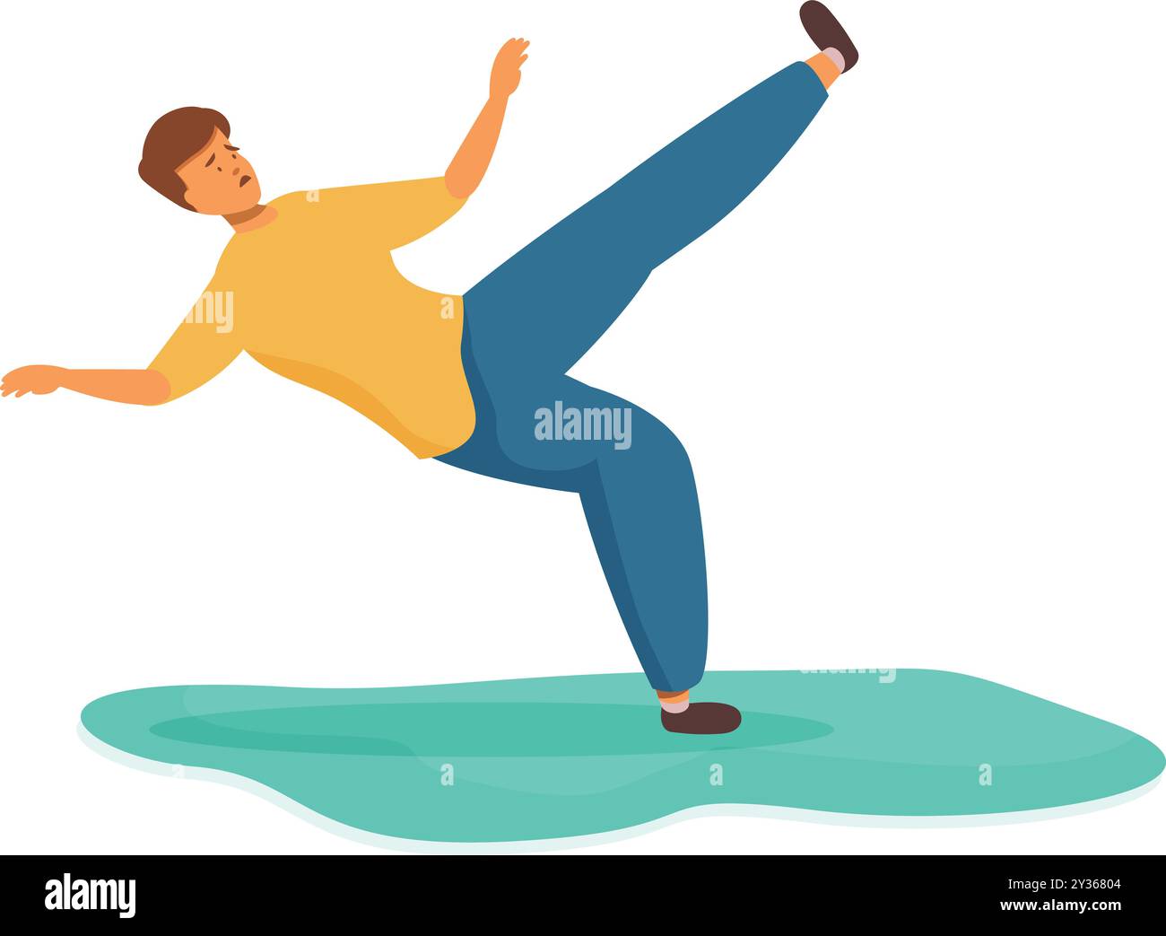 Young man is falling down after slipping on a wet floor, he is trying ...