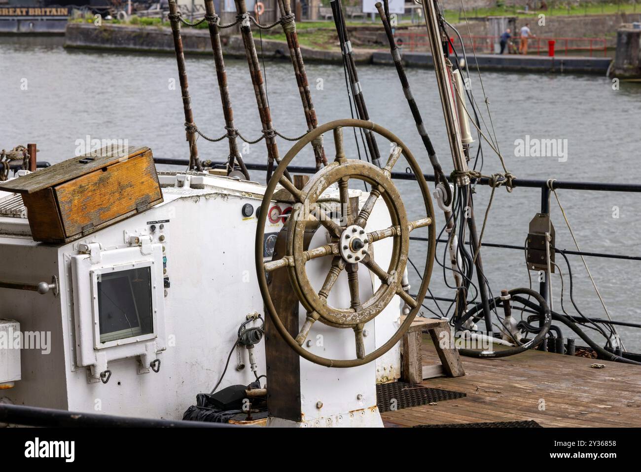 The ship’s wheel on the sailing ship Fridtjof Nansen, moored in Bristol ...