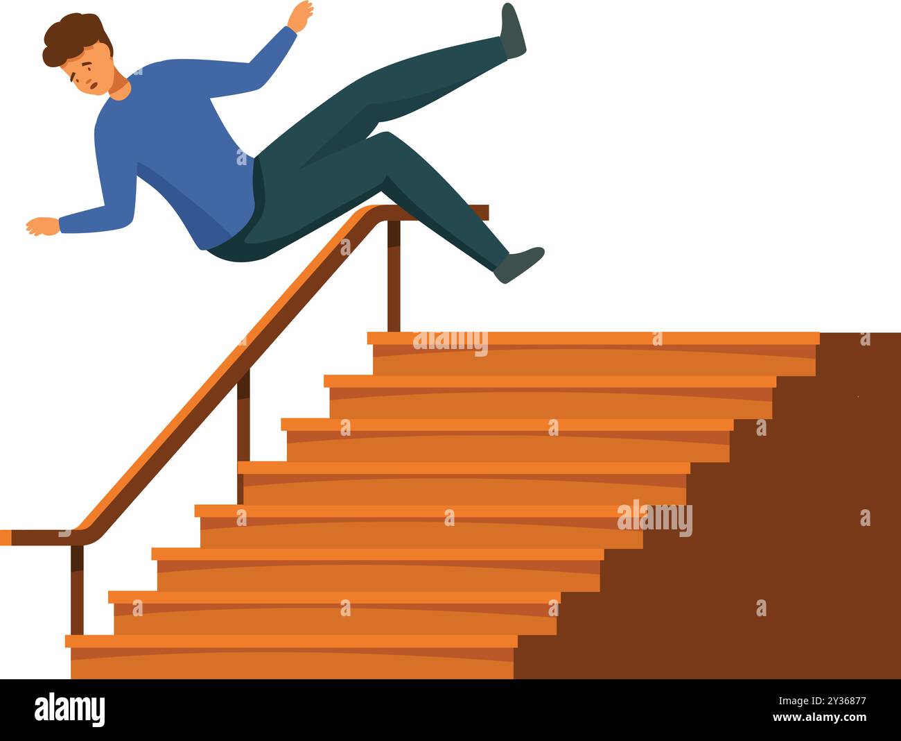 Young man is falling down some stairs with a railing, he is hurt and ...